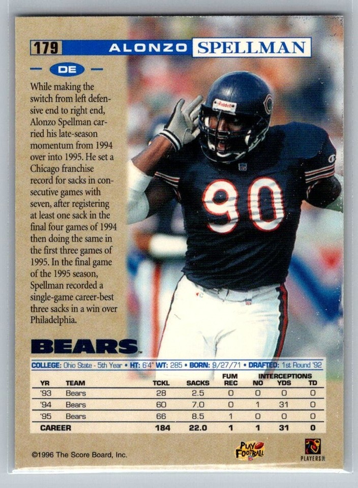1996 Pro Line Alonzo Spellman #179 Bears 17th National /499 96-17th-Nat ...
