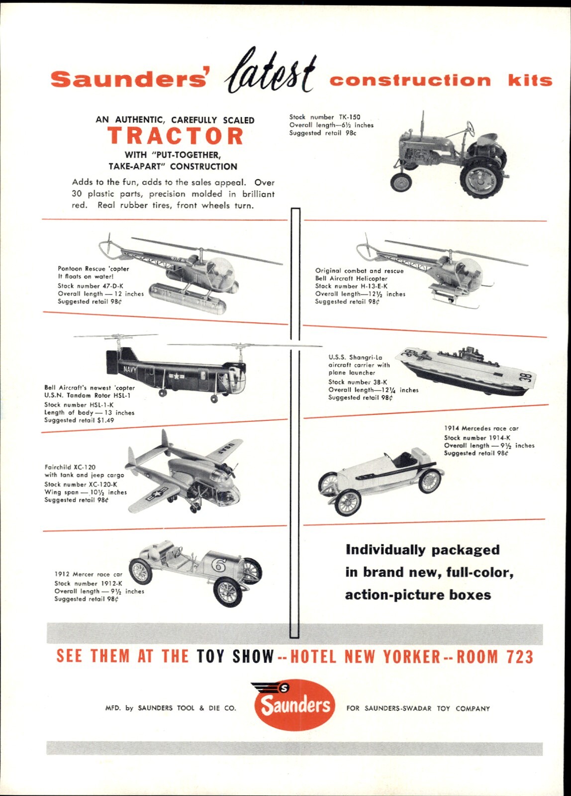 1955 PAPER AD Saunders Toy Put Together Take Apart Farm Tractor Bell ...
