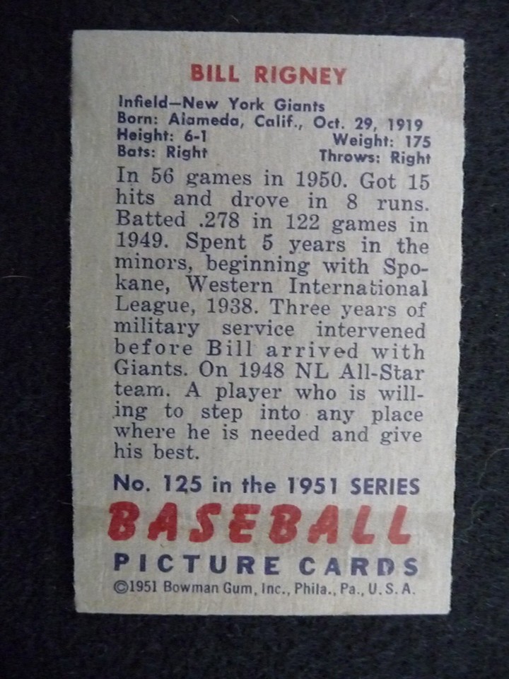 1951 BOWMAN #125 BILL RIGNEY GIANTS NICE!! | eBay