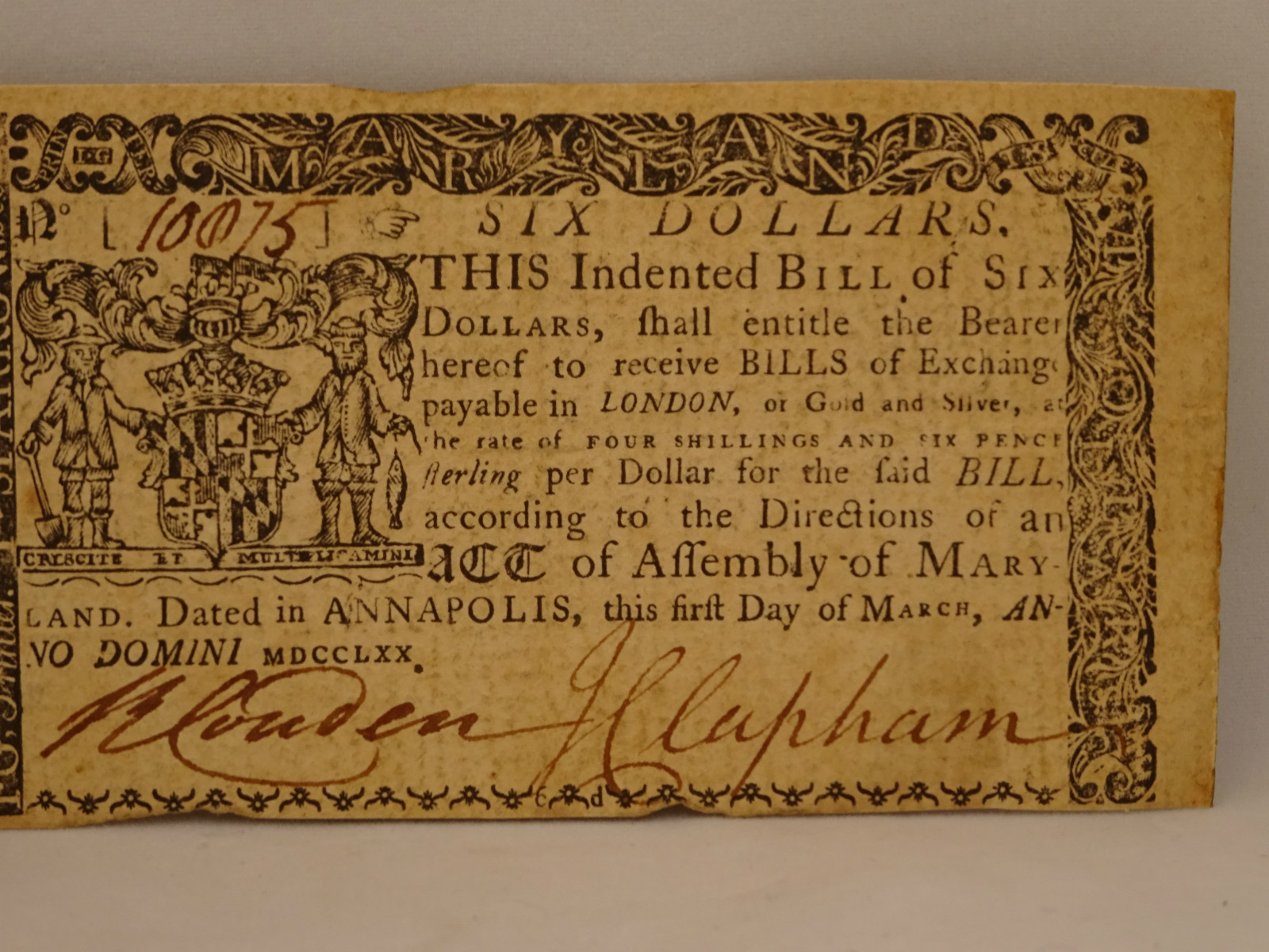Fine 245 yr old COLONIAL CURRENCY NOTE $6 March 1, 1770 - Annapolis ...