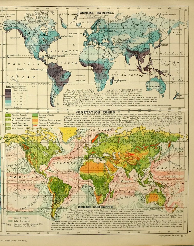 1909 Carte Monde Végétation Zones Annuel Pluviométrie Winds Calme ...