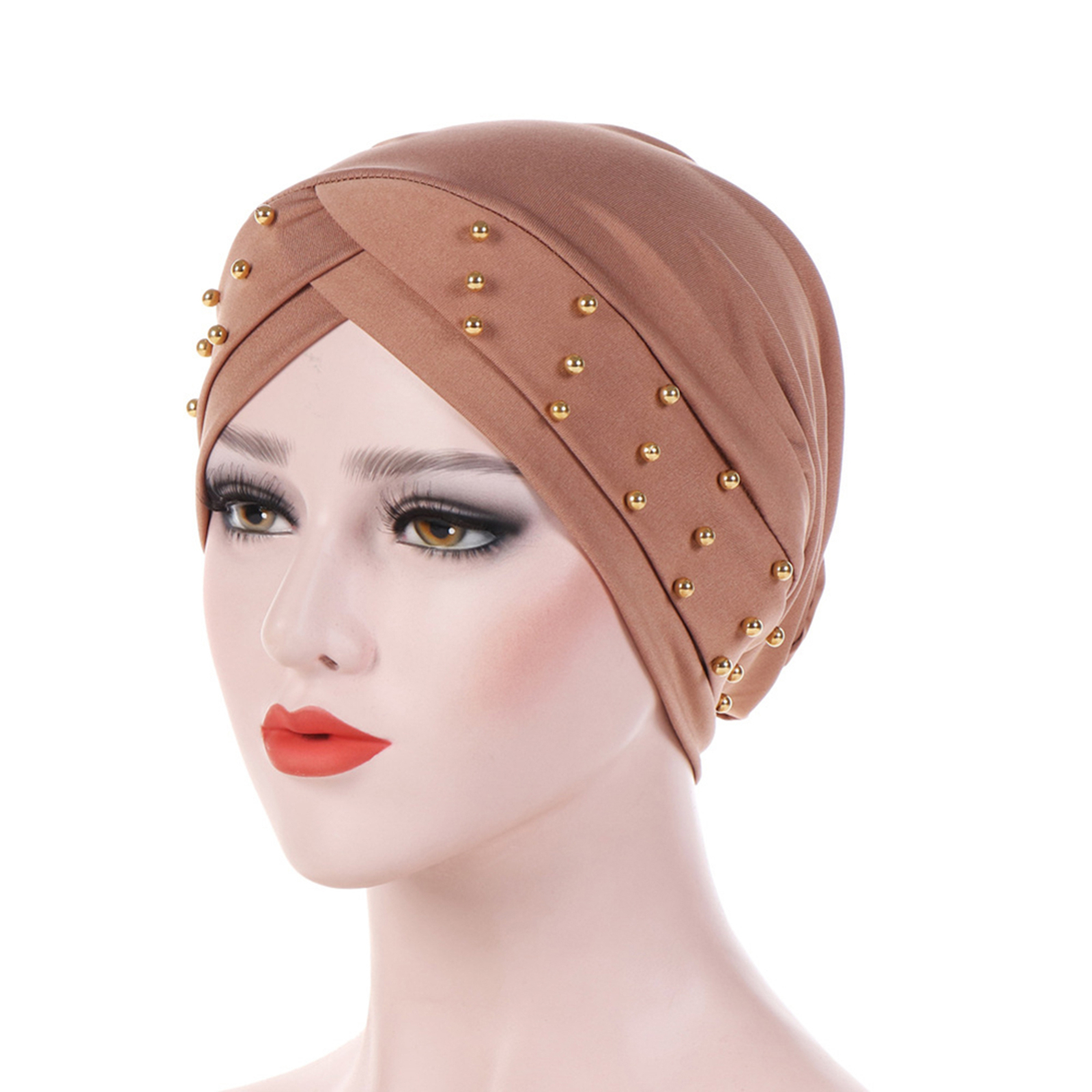 Cap Simple Skin-friendly Women Solid Color Beads Head Wrap Hat Wear ...