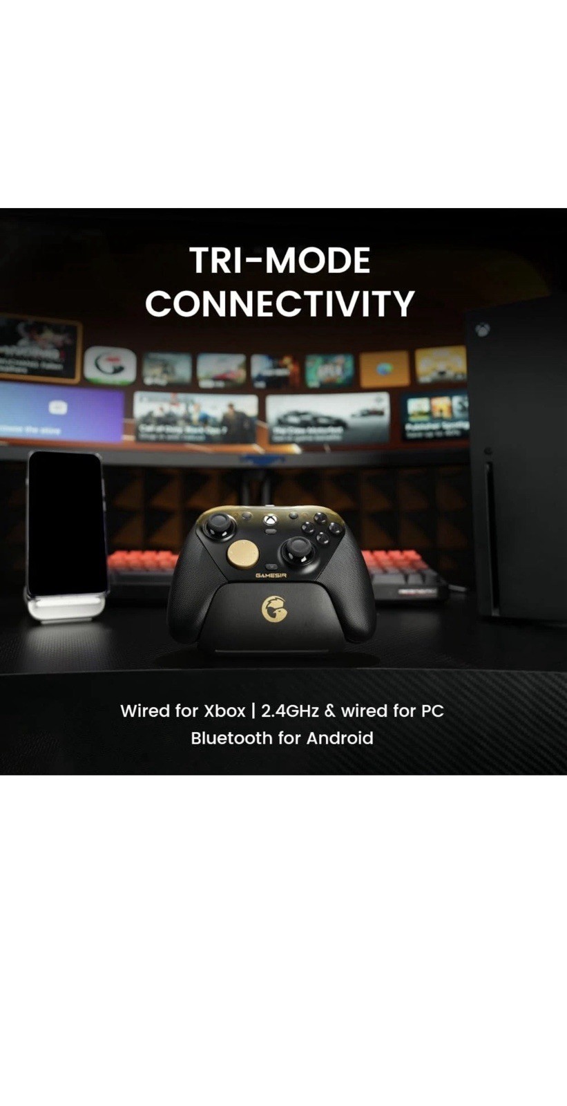 GameSir G7 Pro Tri-Mode Controller Black/Gold Wired BT 2.4GHz Gyro Hall ...