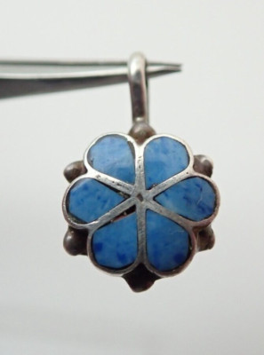 Vintage ZUNI Blue Stone Inlay Flower Sterling Silver Necklace Pendant ...