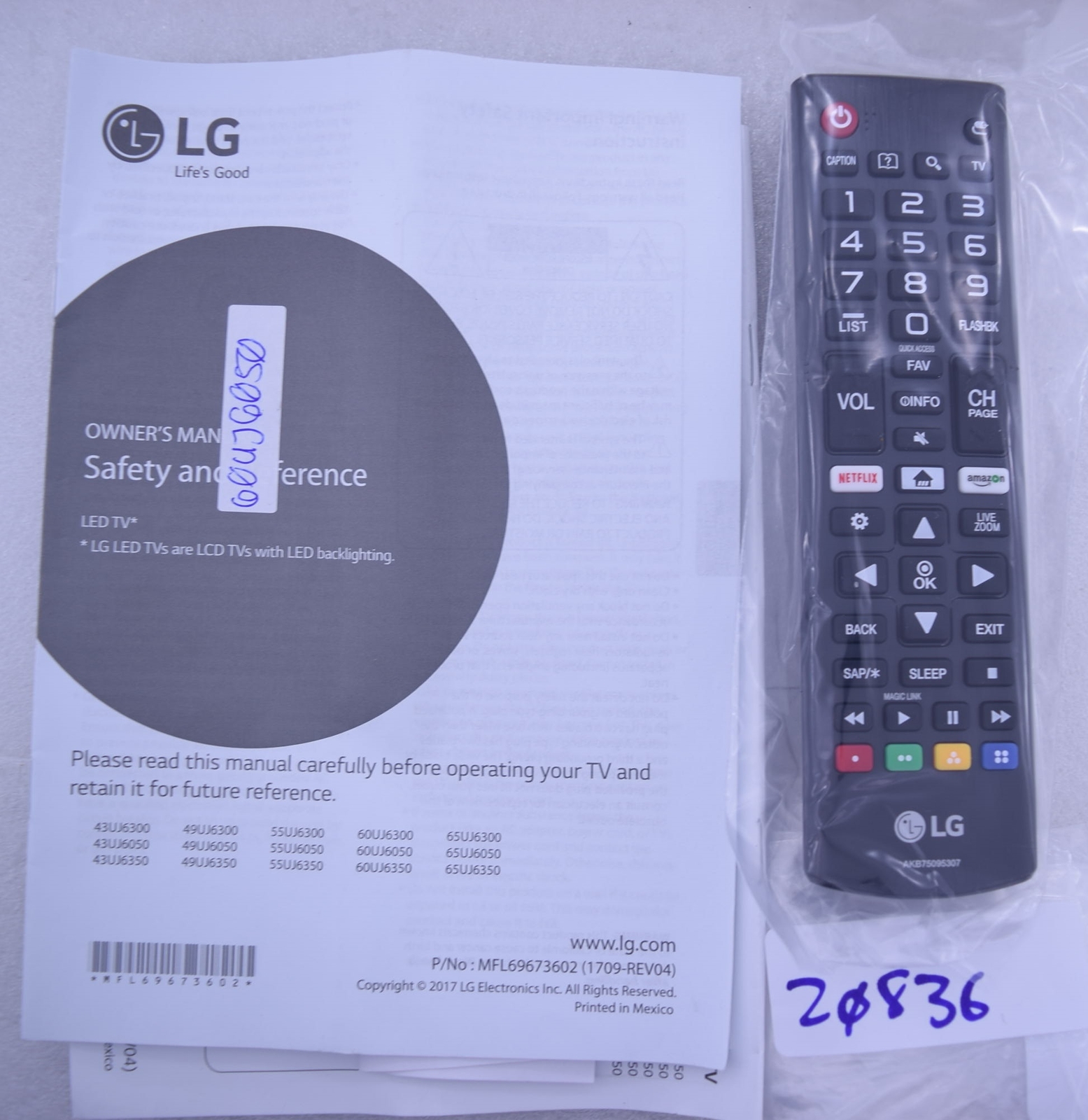 LG 65UJ6300 60UJ6350 55UJ6050 AKB75095307 REMOTE CONTROL & GUIDE 20836 ...