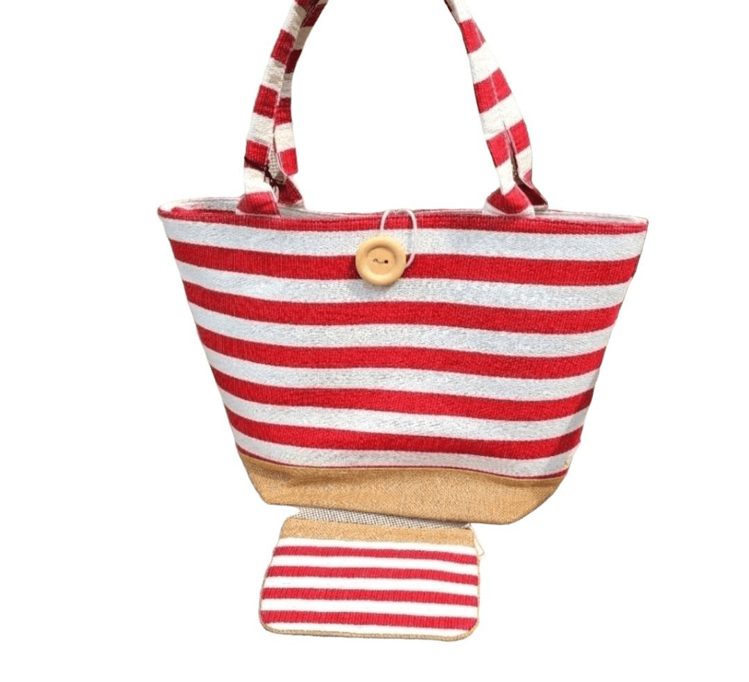 Red Striped Large Canvas Beach Bag Set - Gem
