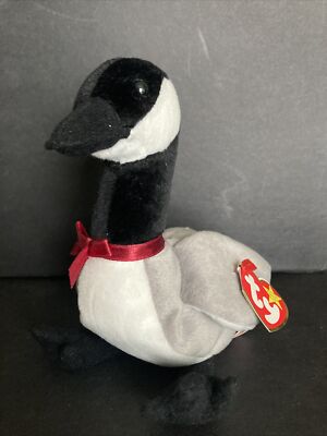TY Beanie Babies Loosey The Goose 1998 Gray, Black and White with burg ...