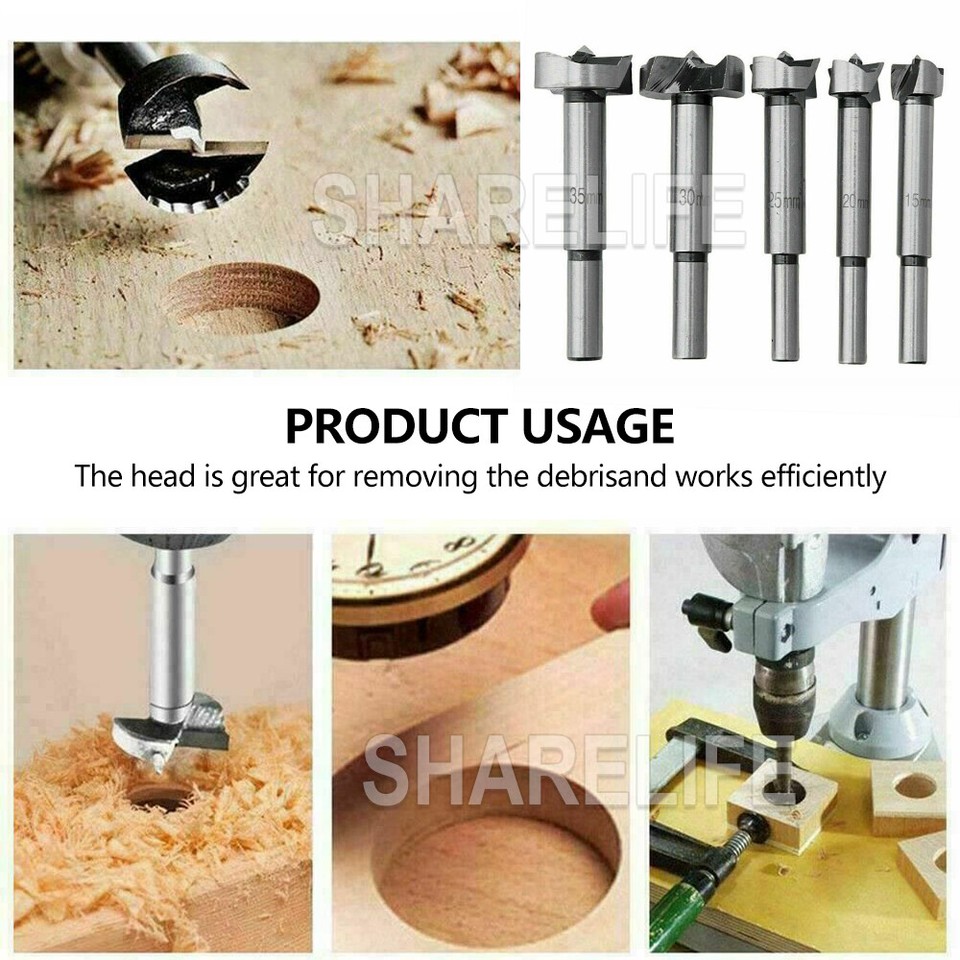 5pcs Forstner Wood Drill Bit Set Hole Saw Cutter Wood Tools with Round ...