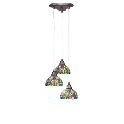 Toltec Europa 3 Light Mini Pendant, Nickel, 7" Kaleidoscope Tiffany ...
