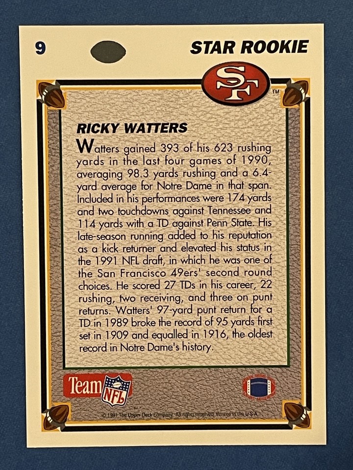 Ricky Watters 1991 Upper Deck Rookie #9 San Francisco 49ers | eBay