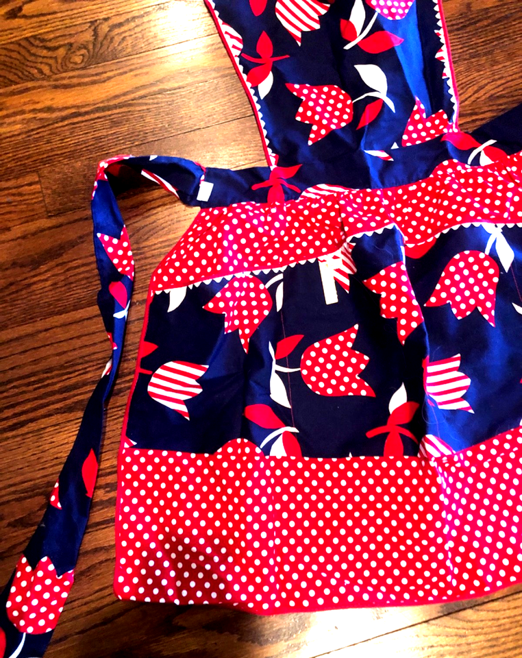 New Red, White and Blue Polka Dots and Tulips Fancy Apron 100 Percent ...