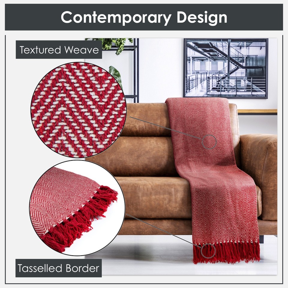 Throw Blanket for Sofas Bed Runner Herringbone Design Soft Cotton ...