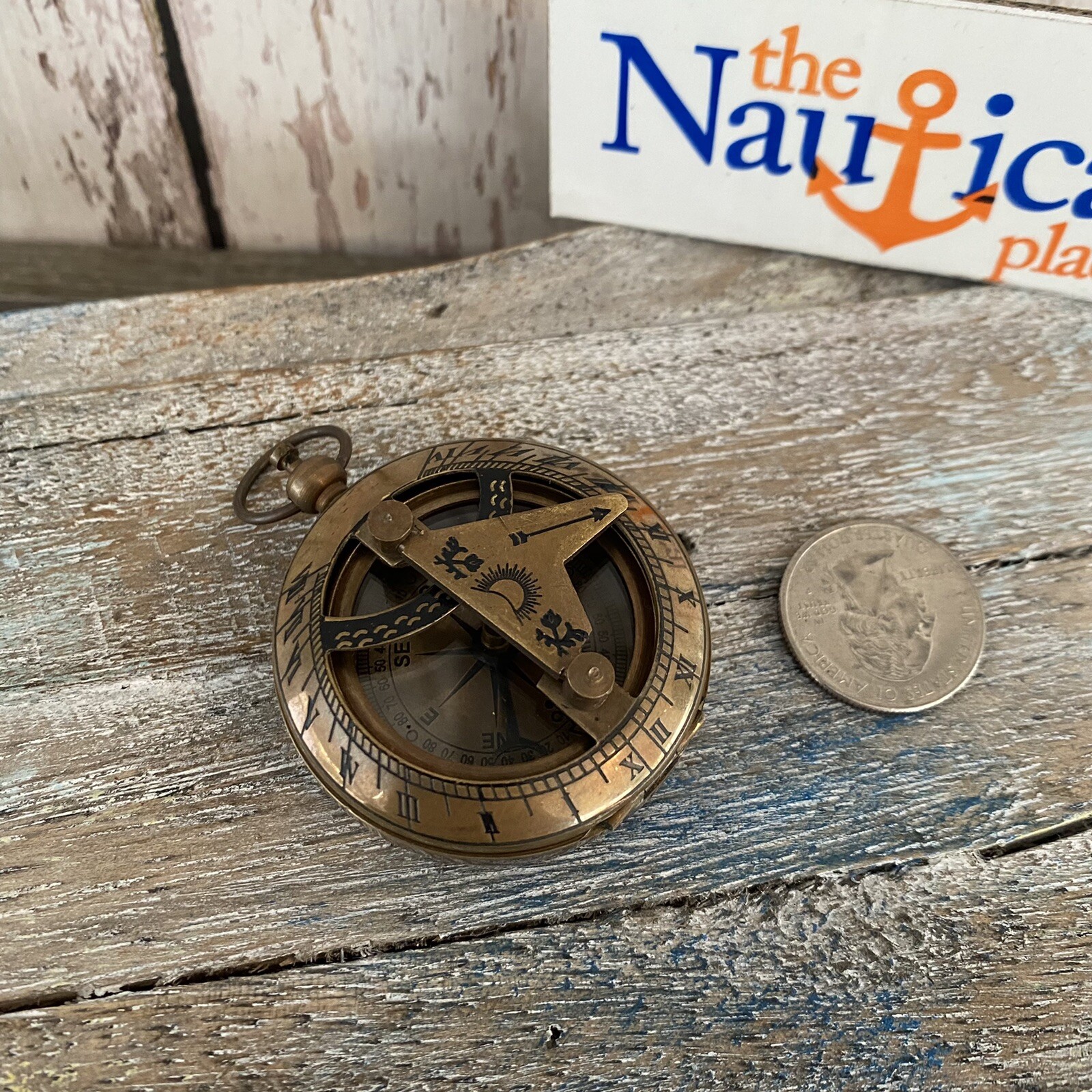 Antique Finish Brass Sundial Compass w/ Push Button & Hinged Lid ...