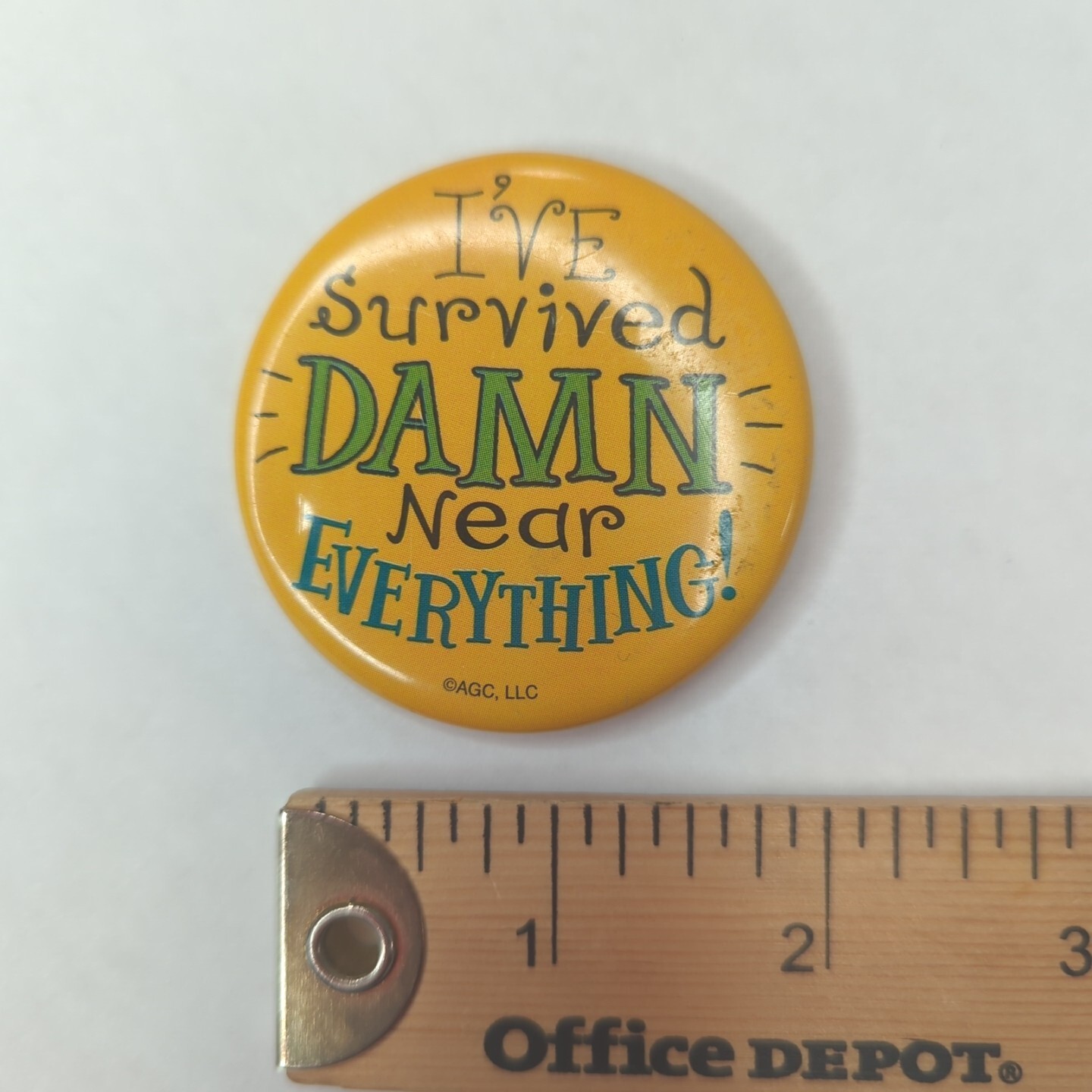 Round Button Pin - I've Survived Damn Near Everything! -Yellow Black ...