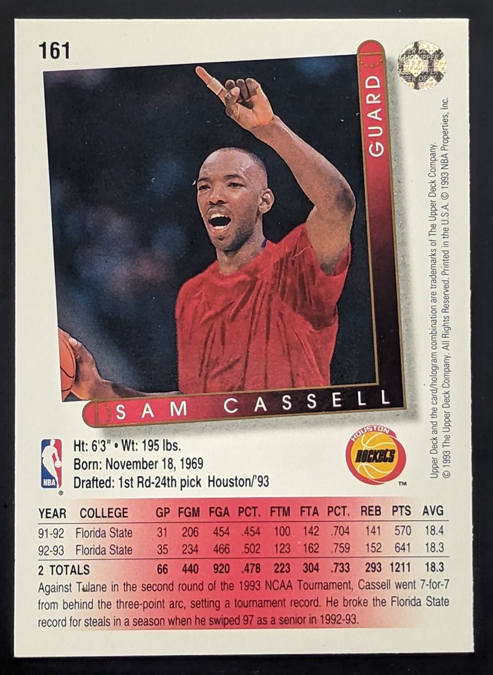 Sam Cassell Houston Rockets 1993 Upper Deck #53 Card | eBay