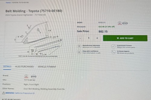 GRAND HIGHLANDER LEXUS RX350 2024-2025 RH FRONT DOOR BELT MOLDING 75710 ...