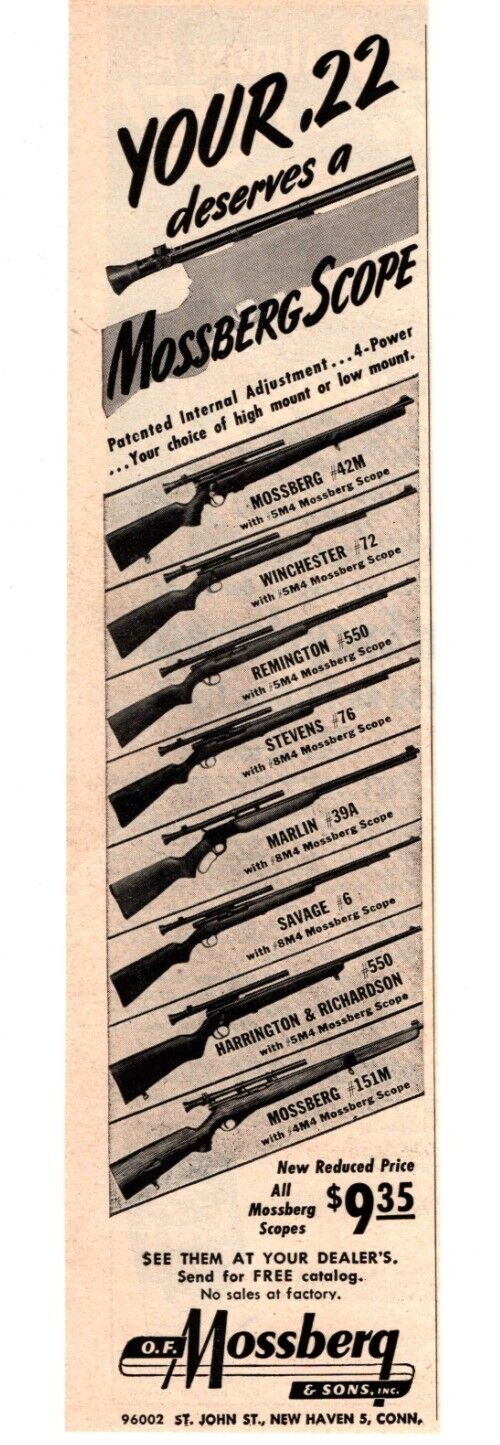 1949 MOSSBERG RIFLE SCOPES PRINT AD, GUN SIGHT, FIREARM, HANDGUN PRINT ...