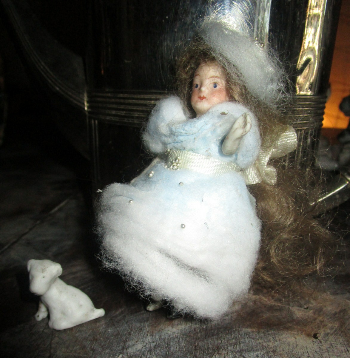 Antique bisque doll -Mignonette with spun cotton dress/ dog -Hertwig ...