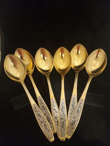 Vintage Russian Gilded Niello Pattern Silver .875 Set of 6 Diner Spoons ...