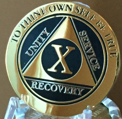 10 Year AA Medallion Black Gold Plated Bi-Plate Alcoholics Anonymous ...