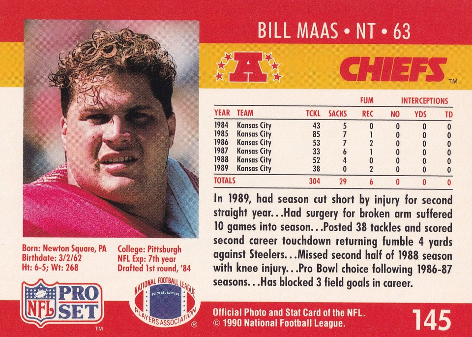 1990 Pro Set #145 Bill Maas NFL Kansas City Chiefs + (Yes 4 Free ...