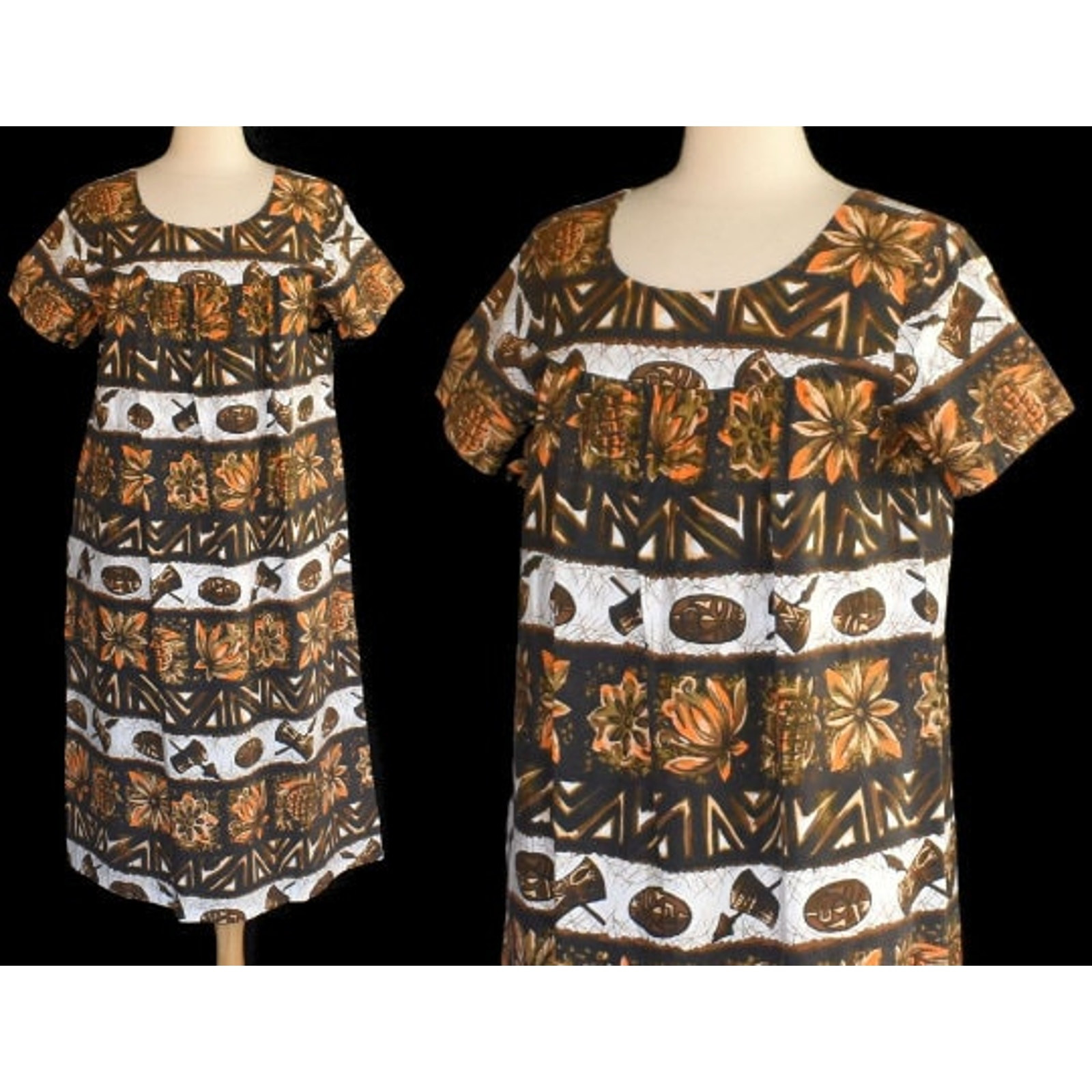 Vintage 60s Hawaiian Batik Dress, Brown and White Tik… - Gem