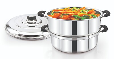 32cm 2Tier Steam Cooker Steamer Pan Cook Food Veg Pot Stainless Steel ...