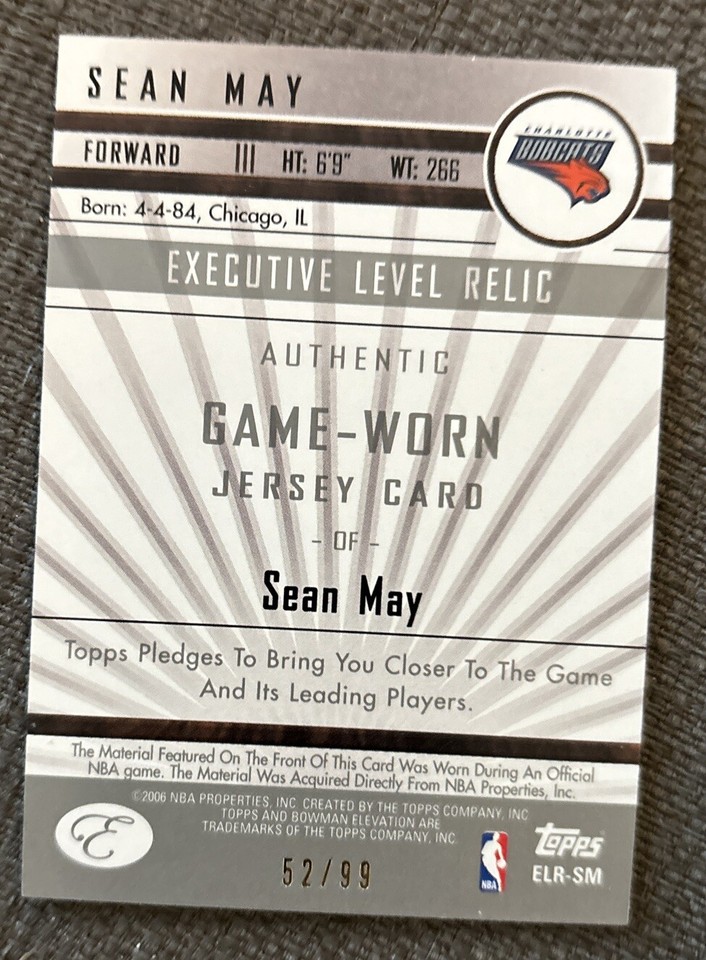Sean May - 2006-07 Bowman Elevation #ELR-SM Game Worn Jersey /99 ...