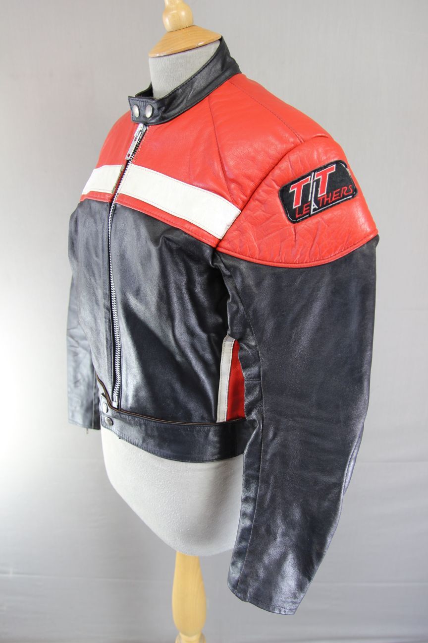 VINTAGE 1970's BLACK, RED & WHITE TT LEATHERS BRITISH MADE BIKER JACKET ...