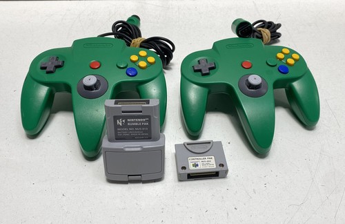 Lot of 2 Solid Green Nintendo 64 Controllers (NUS-005) w/ Accessories ...