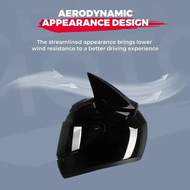 Full Face Helmet Motorcycle Motorbike Motor Helmets with Bat Ear Black ...
