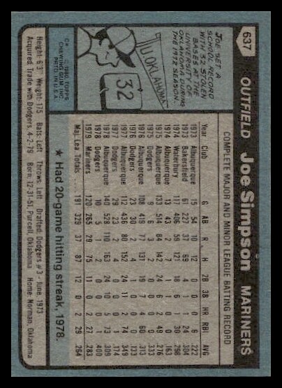 1980 Topps #637 Joe Simpson Seattle Mariners Baseball card | eBay