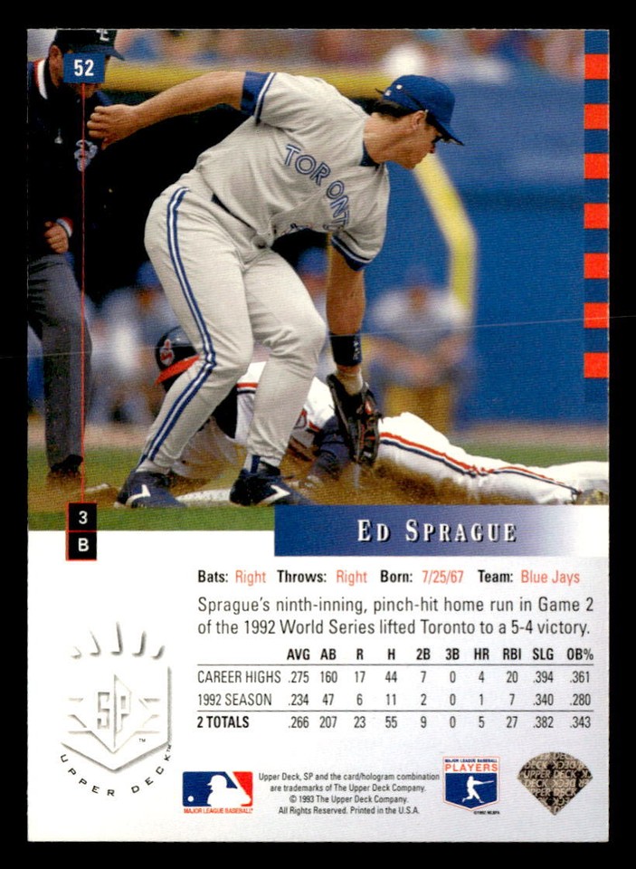 Ed Sprague 1993 SP Card #52 Toronto Blue Jays | eBay