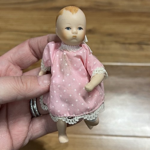 Russ Berrie Porcelain Mini Baby Doll Pink Gown Soft Body Vintage 4.5 ...