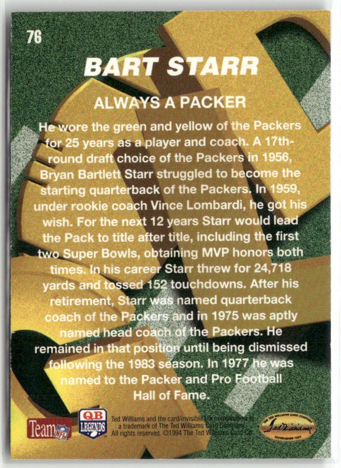 1994 TED WILLIAMS ROGER STAUBACH'S NFL #76 BART STARR GREEN BAY PACKERS ...