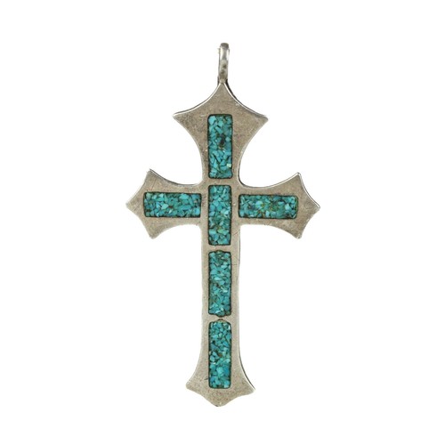 Vintage 70's Navajo Sterling Silver & Crushed Turquoise Inlay Cross ...