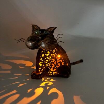 Cat Lamp 3D Solar Garden Decorations Lights Yard Metal Figures Amber ...