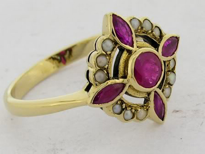 C458 Genuine 9ct Yellow Gold NATURAL Ruby & Pearl Ring Windmill Star ...