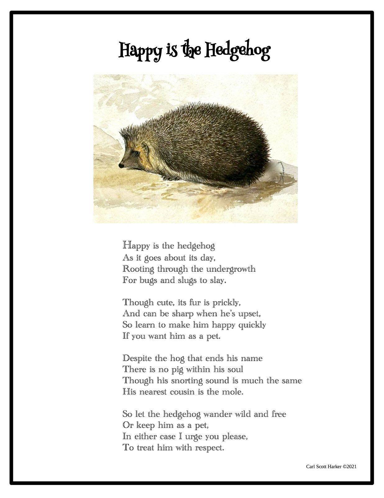 Happy is the Hedgehog 8.5x11" Photo Print Children's Poem Carl Harker ...