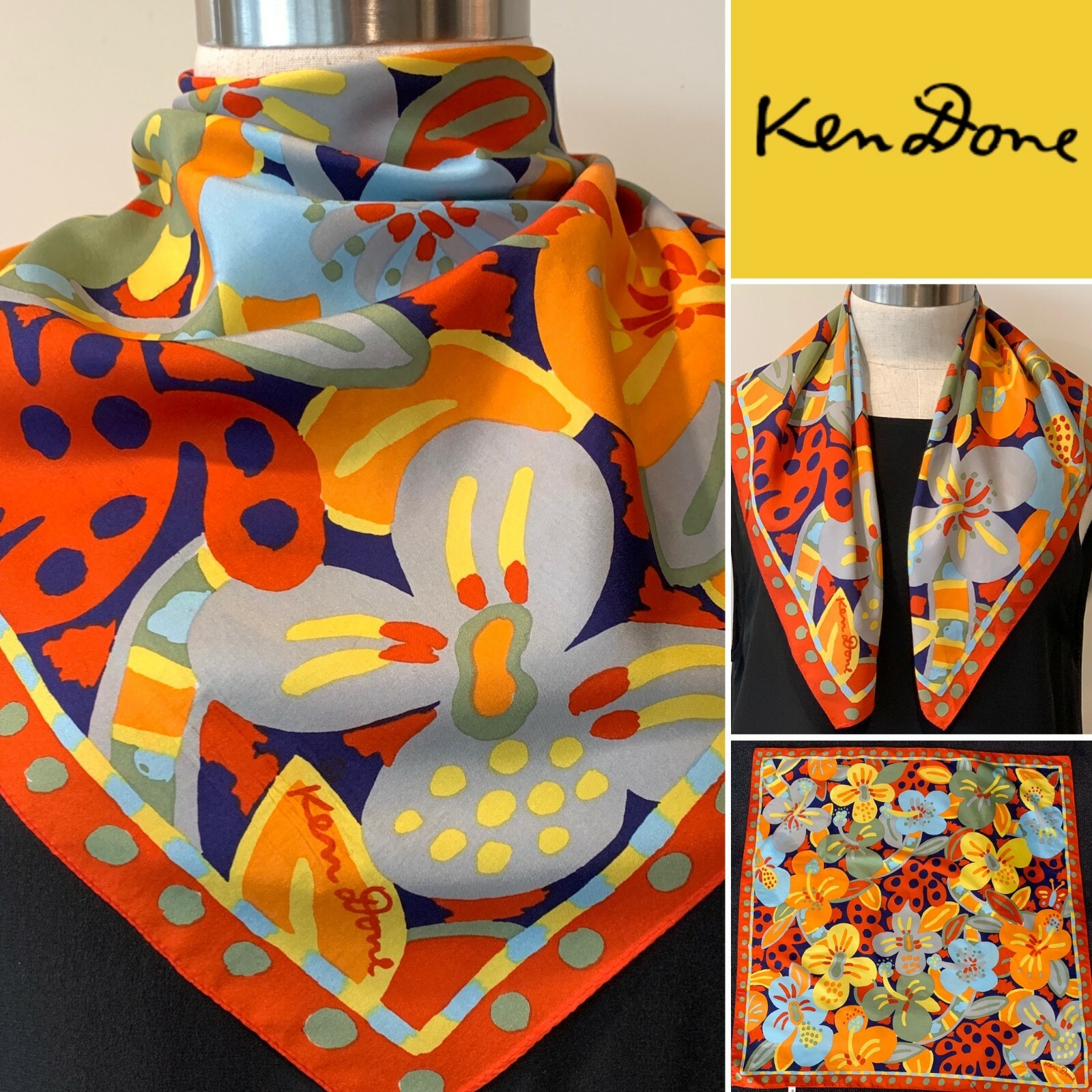 KEN DONE Vintage Orange,Red Tropical Flowers Scarf 62… - Gem