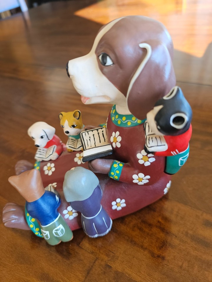 Peruvian Clay Pottery Storyteller Dog with 6 Puppies and Books, Vintage ...