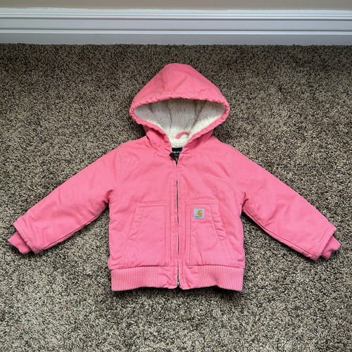 Carhartt Toddler Pink Sherpa Lined Canvas Hooded Jacket Chore Coat 12 ...