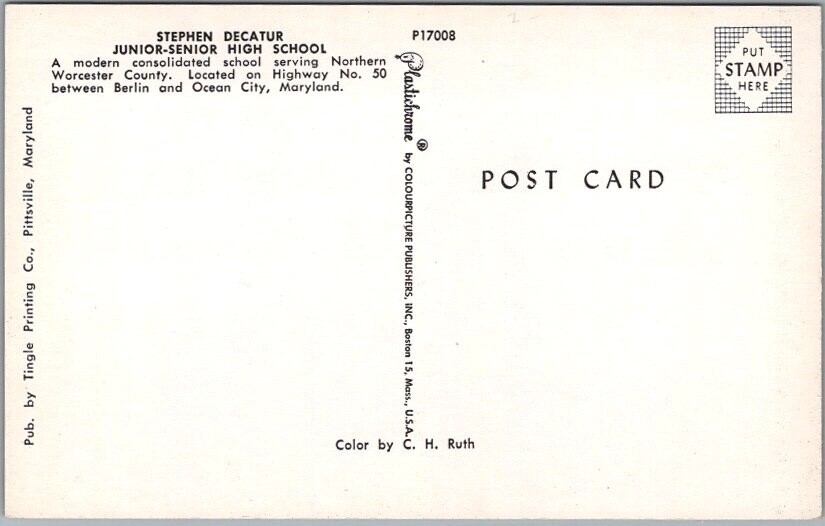 Ocean City - Berlin Maryland Postcard Stephen Decatur Junior-Senior ...