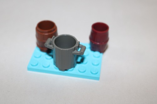 Lego trash can and two brown barrels lot of 4 W/ light blue 4x6 base ...
