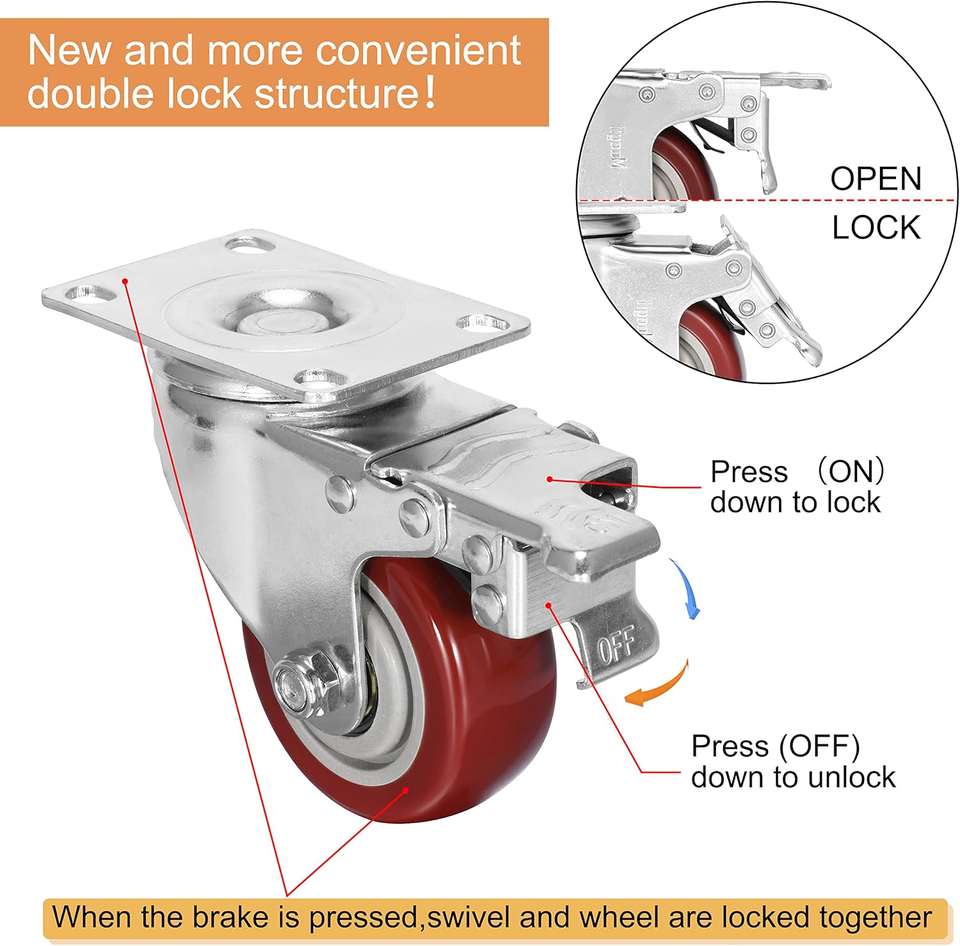 3 Inch Heavy Duty Casters Load 1500Lbs,Lockable Bearing Caster Wheels ...