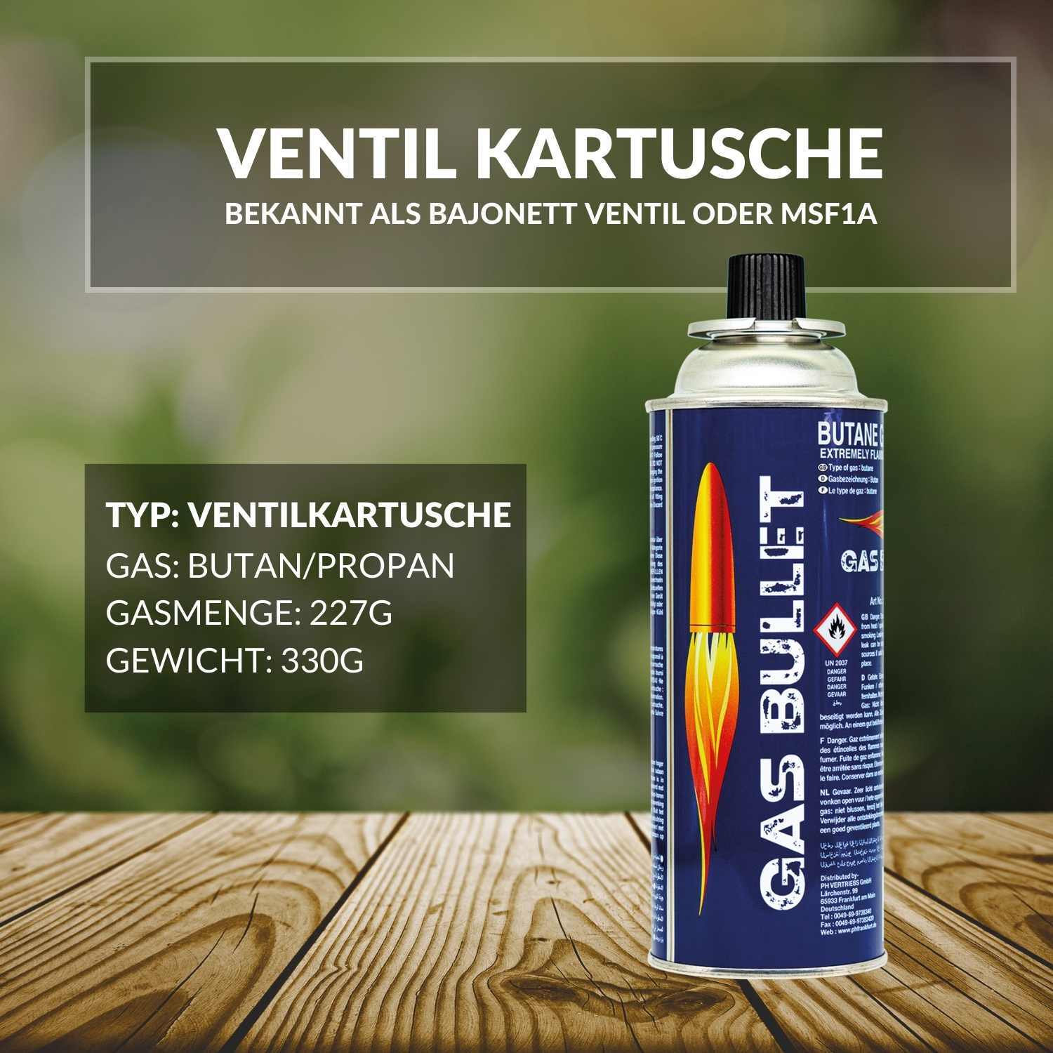 Gas Bullet ® 227g Kartusche für Gaskocher mit Bajonett-Ventil MSF-1A | eBay