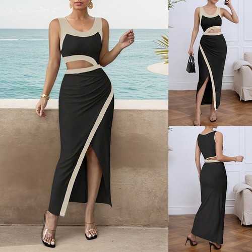 Women Sleeveless Colorblock Bodycon Split Dress Ladies Cut Out Party ...