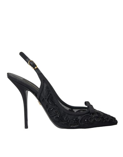 Dolce&Gabbana Women Black Sandals Polyester Floral Slingback Heel Shoes ...