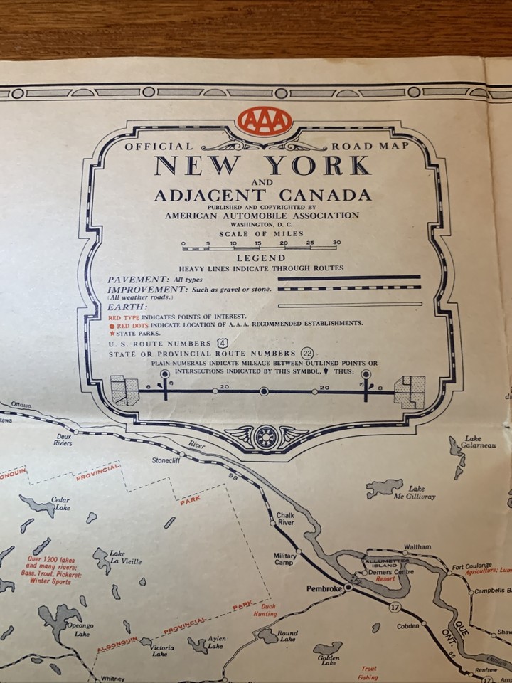 1936 AAA New York State Map Fold Out Travel Vintage Ontario Canada Long ...