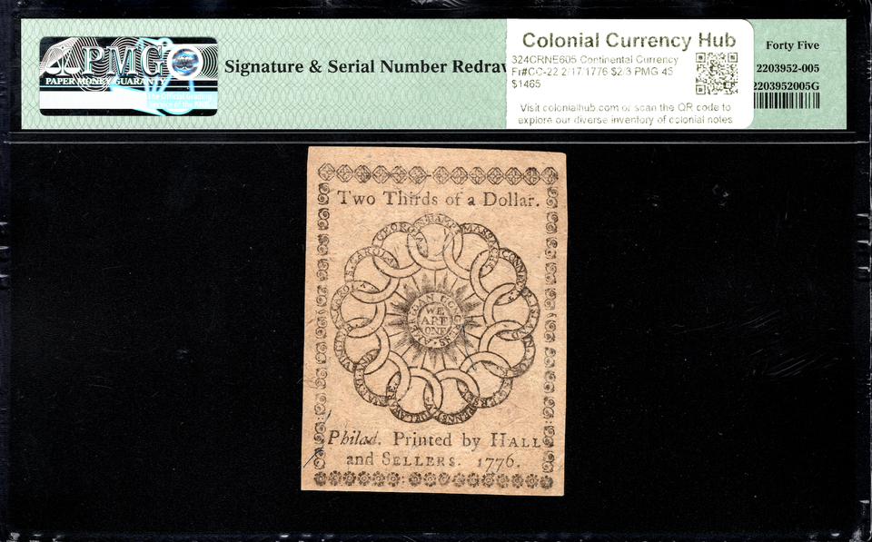 Continental Currency Fr#CC-22 February 17, 1776 $2/3 PMG 45 *Fugio Note ...